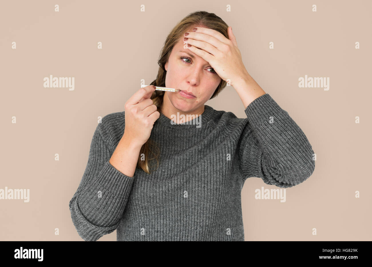 Caucasian lady sick thermometer hi-res stock photography and images - Alamy