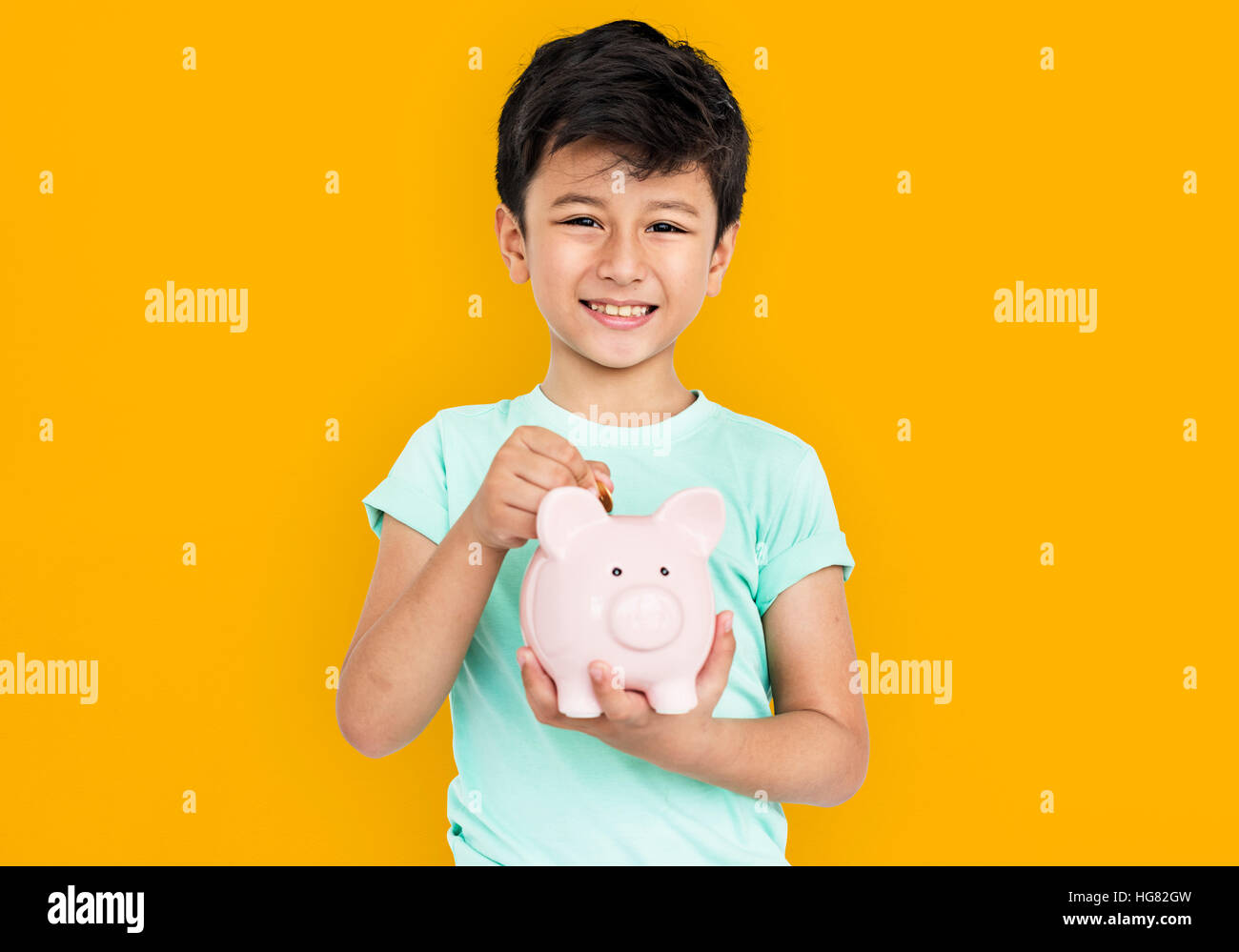 Little Boy Kid Adorable Cute Piggy Bank Saving Portrait Concept Stock ...