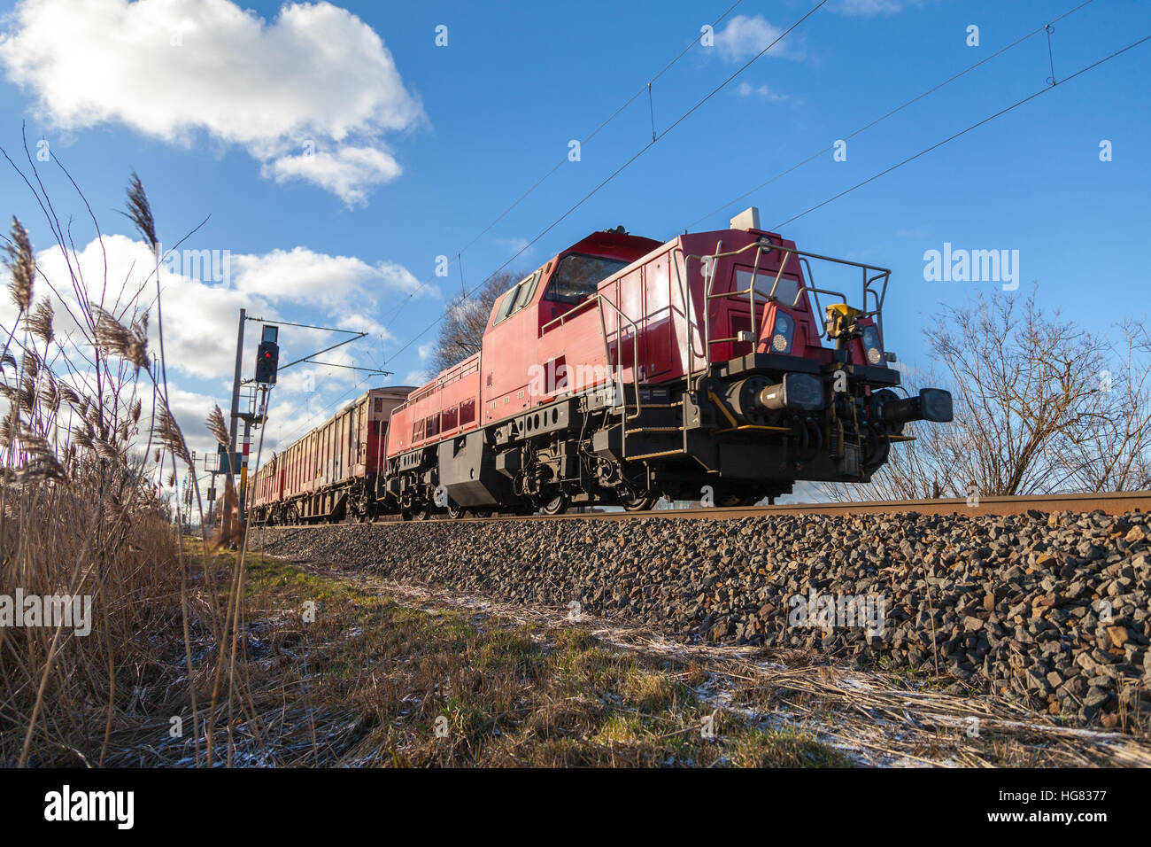 german cargo train drives on tracks to freight yard Stock Photo - Alamy