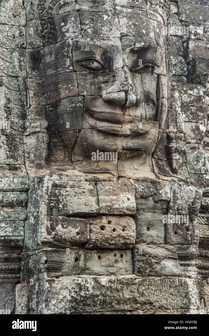 Face towers at Wat Bayon in the ancient city of Angkor Thom Stock Photo ...