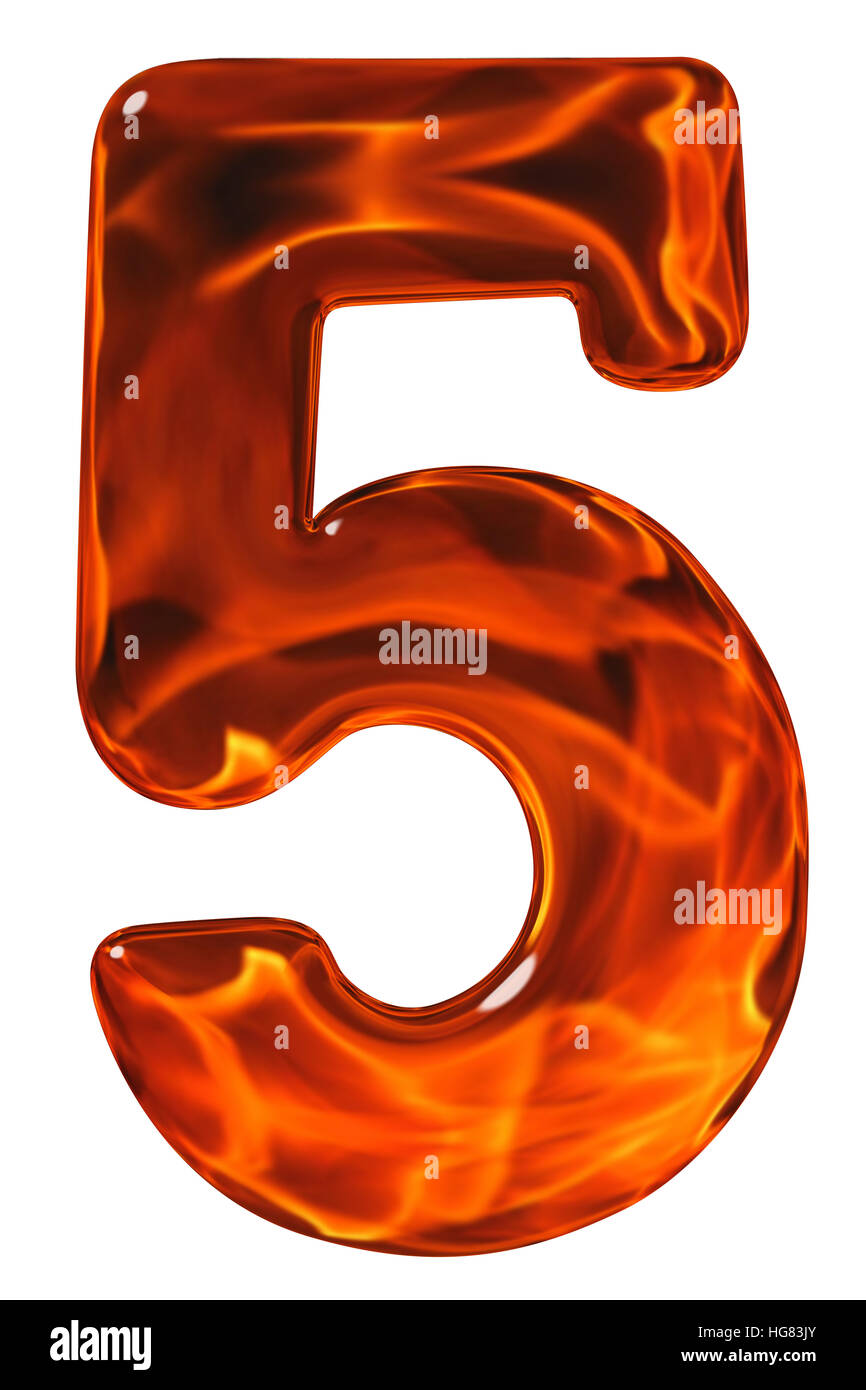 5, five, numeral from glass with an abstract pattern of a flaming fire ...
