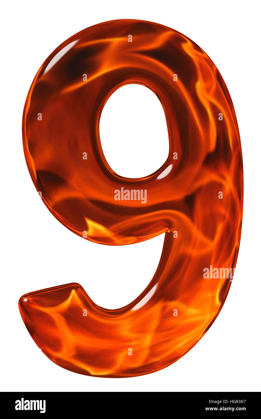 9, nine, numeral from glass with an abstract pattern of a flaming fire ...