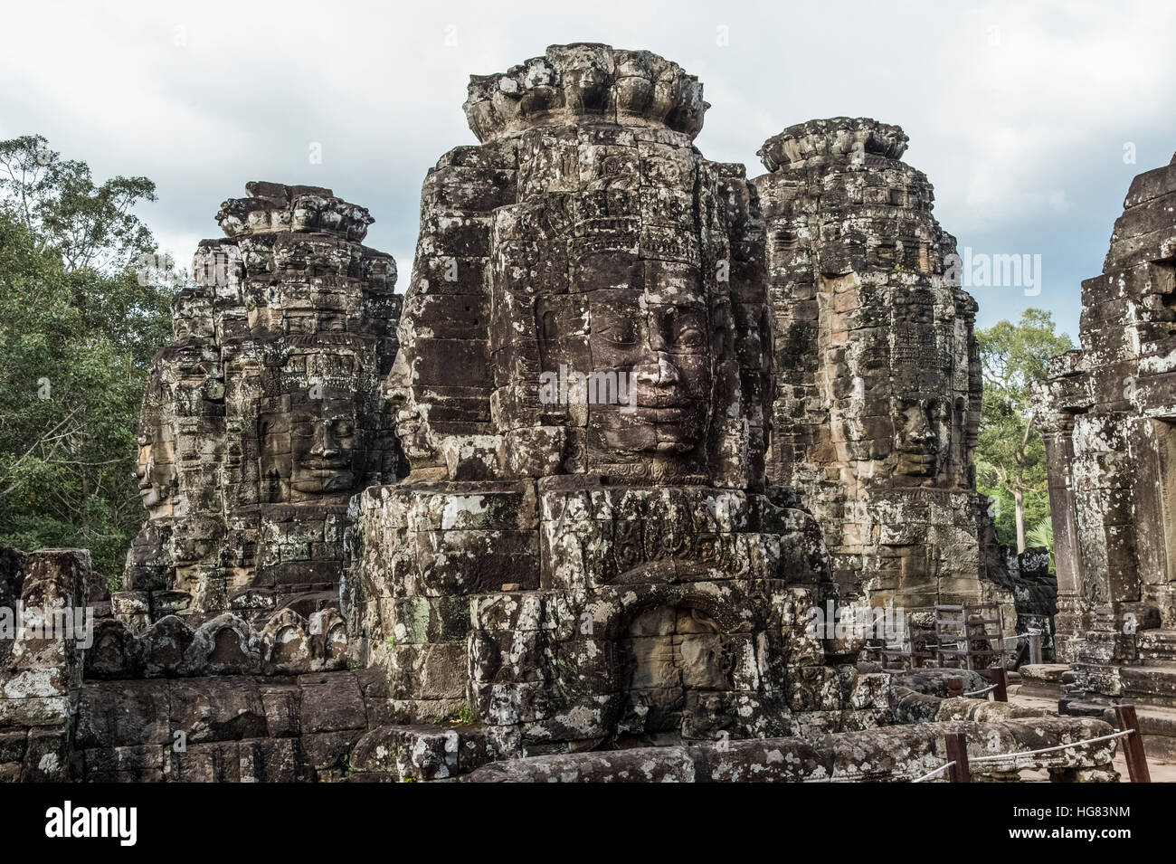 Face towers at Wat Bayon in the ancient city of Angkor Thom Stock Photo ...