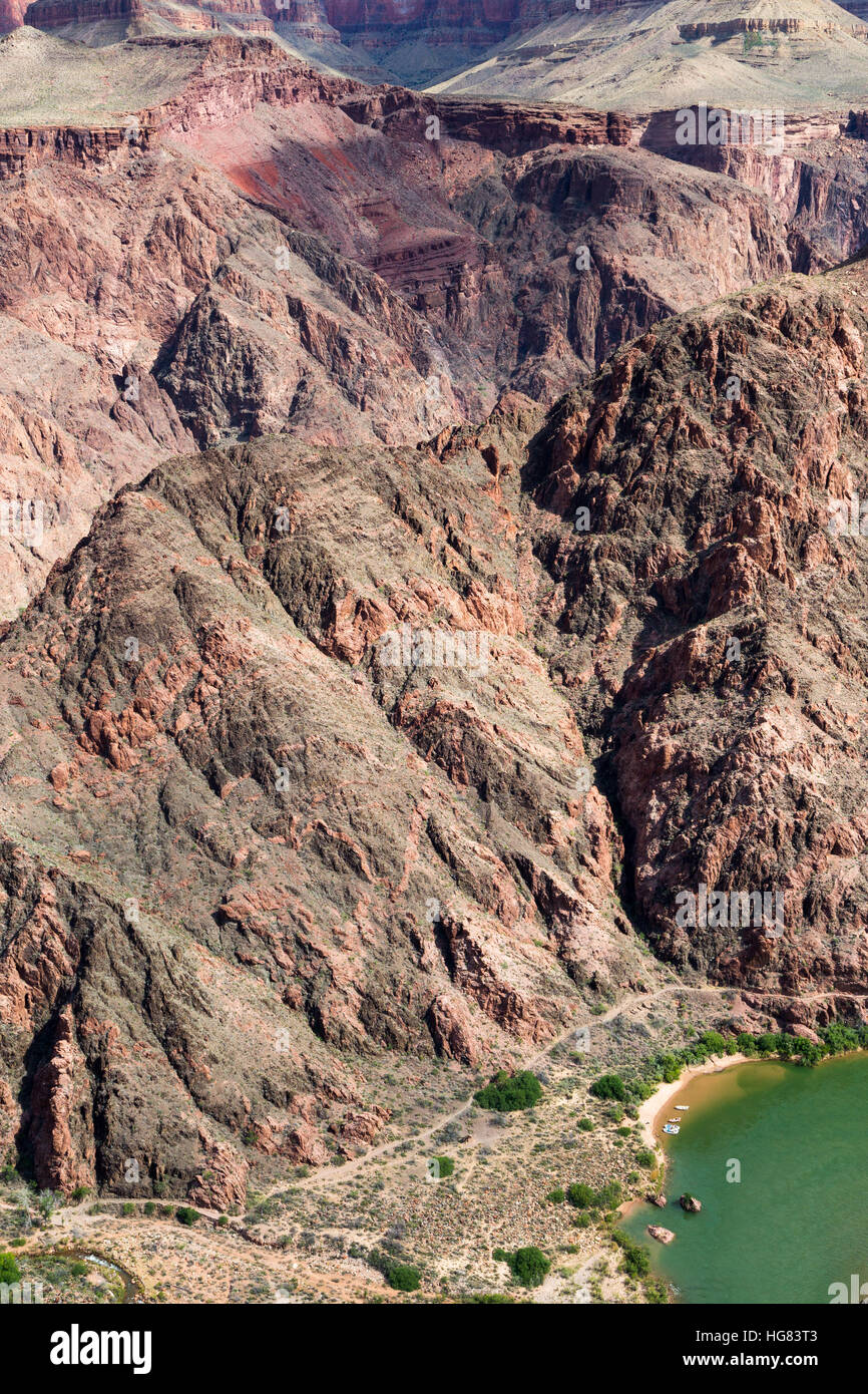 The Vishnu Basement Rocks of the Grand Canyon above river rafts along ...