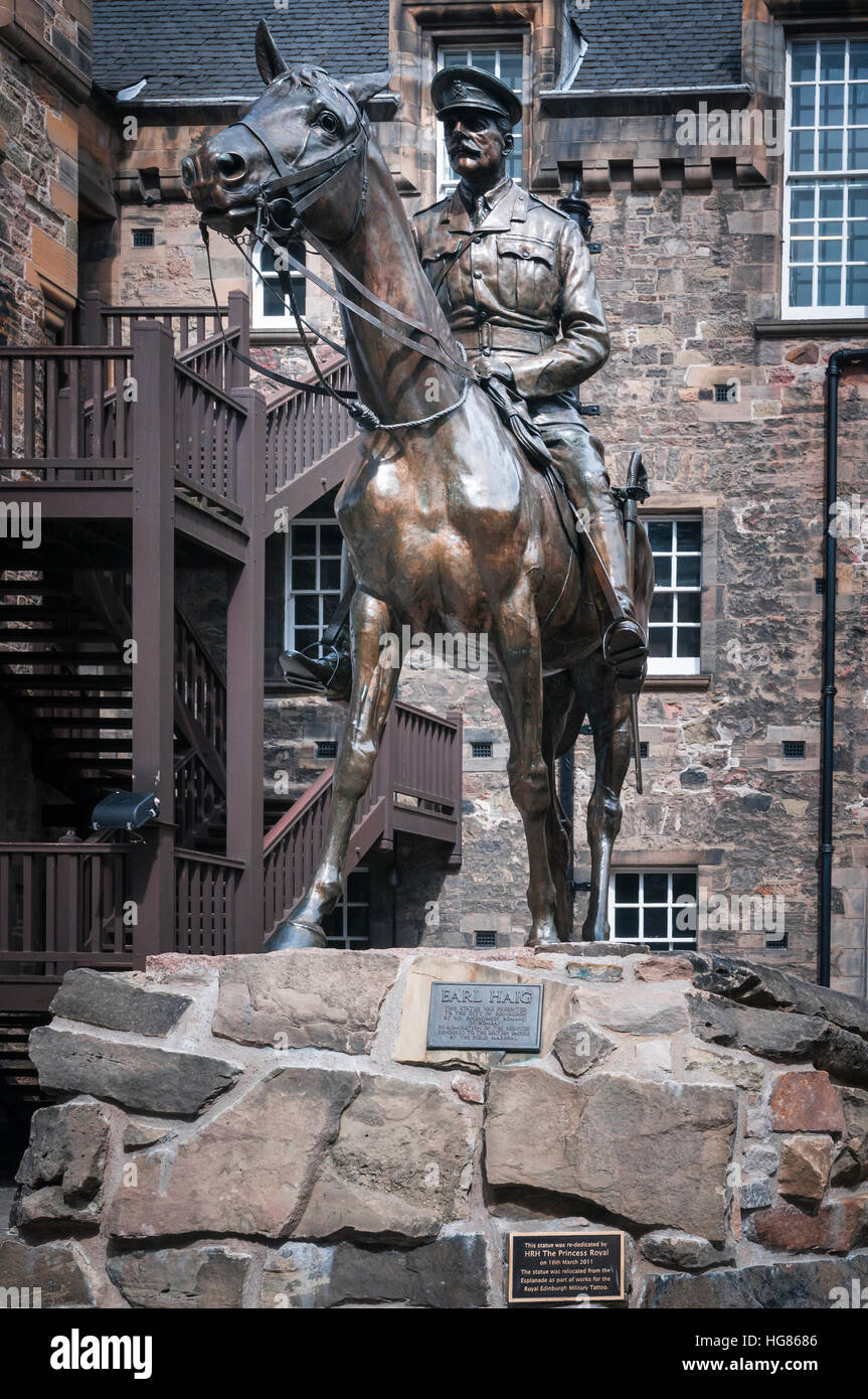 A portrait image of the bronze statue of Earl Haig inside Edinburgh ...