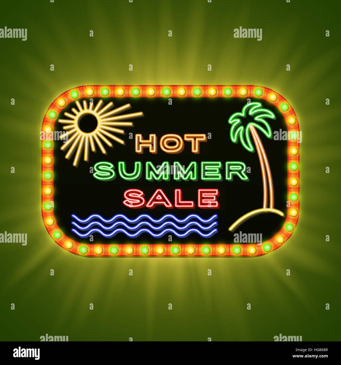 Hot summer sale. Retro neon light banner. Vintage frame with shining ...