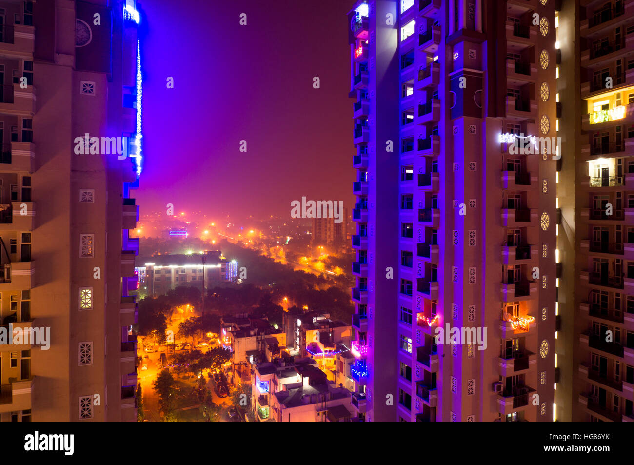colorful lights on noida skyscraper Stock Photo - Alamy
