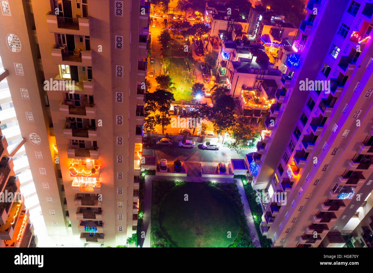 colorful lights on noida skyscraper Stock Photo - Alamy