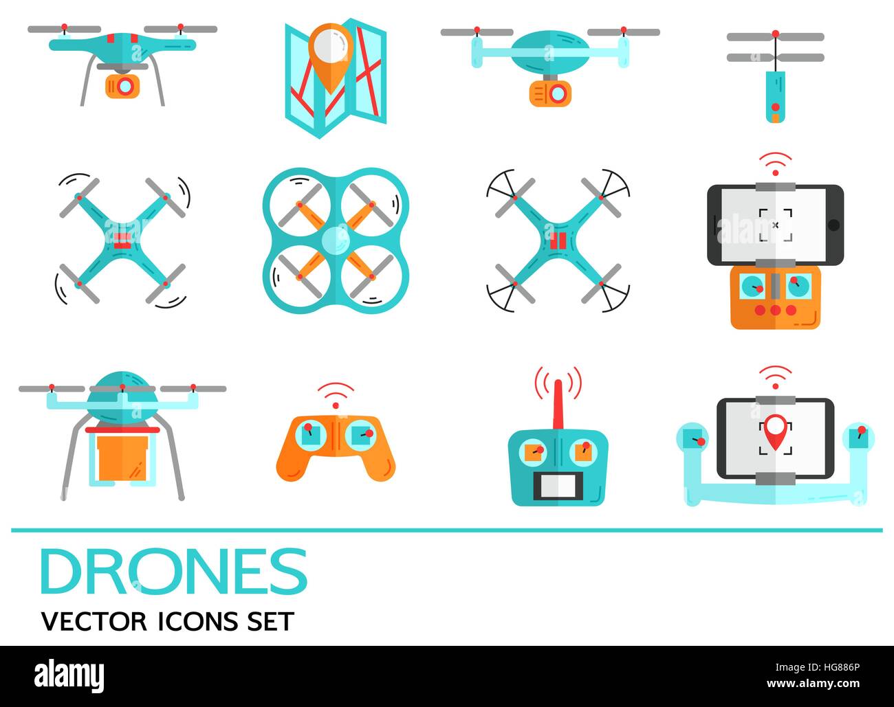 Flat vector icons set with drones. Collection of elements with ...