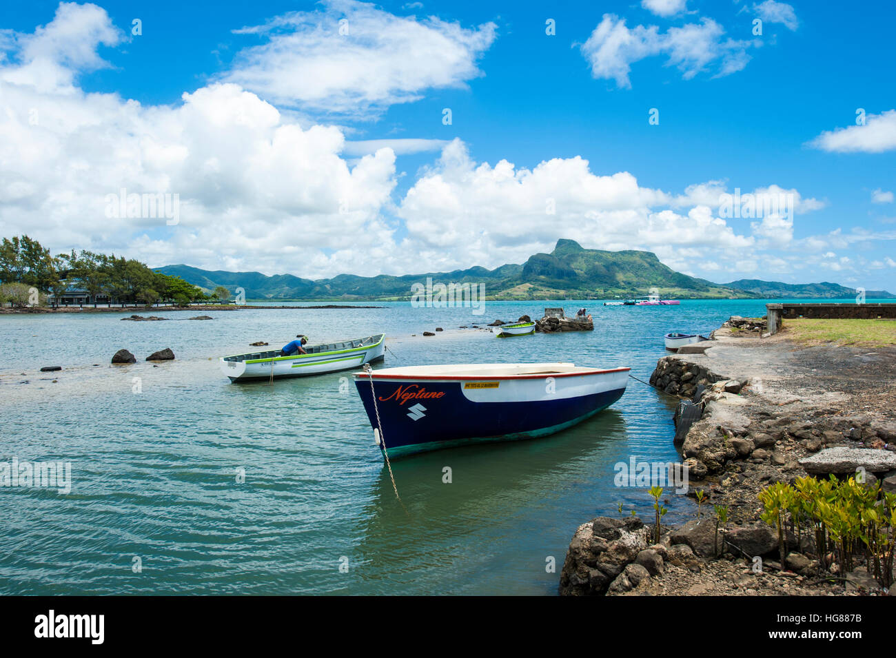 Coast in Grand Port, Mahebourg, Mauritius Island. Lion Mountain in the ...