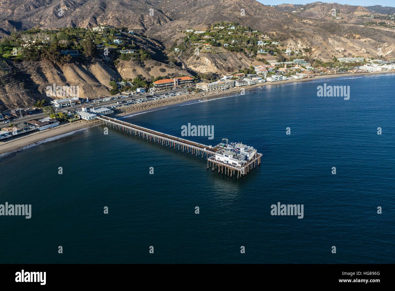 Aerial of Malibu Pier and the Pacific Ocean in Southern California ...