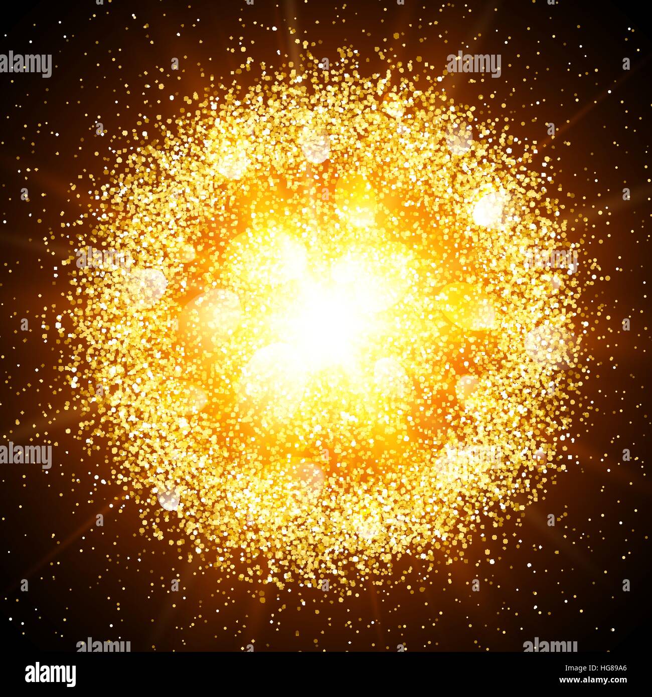 Abstract golden explosion with gold glittering elements. Burst of glowing star. Dust firework ...