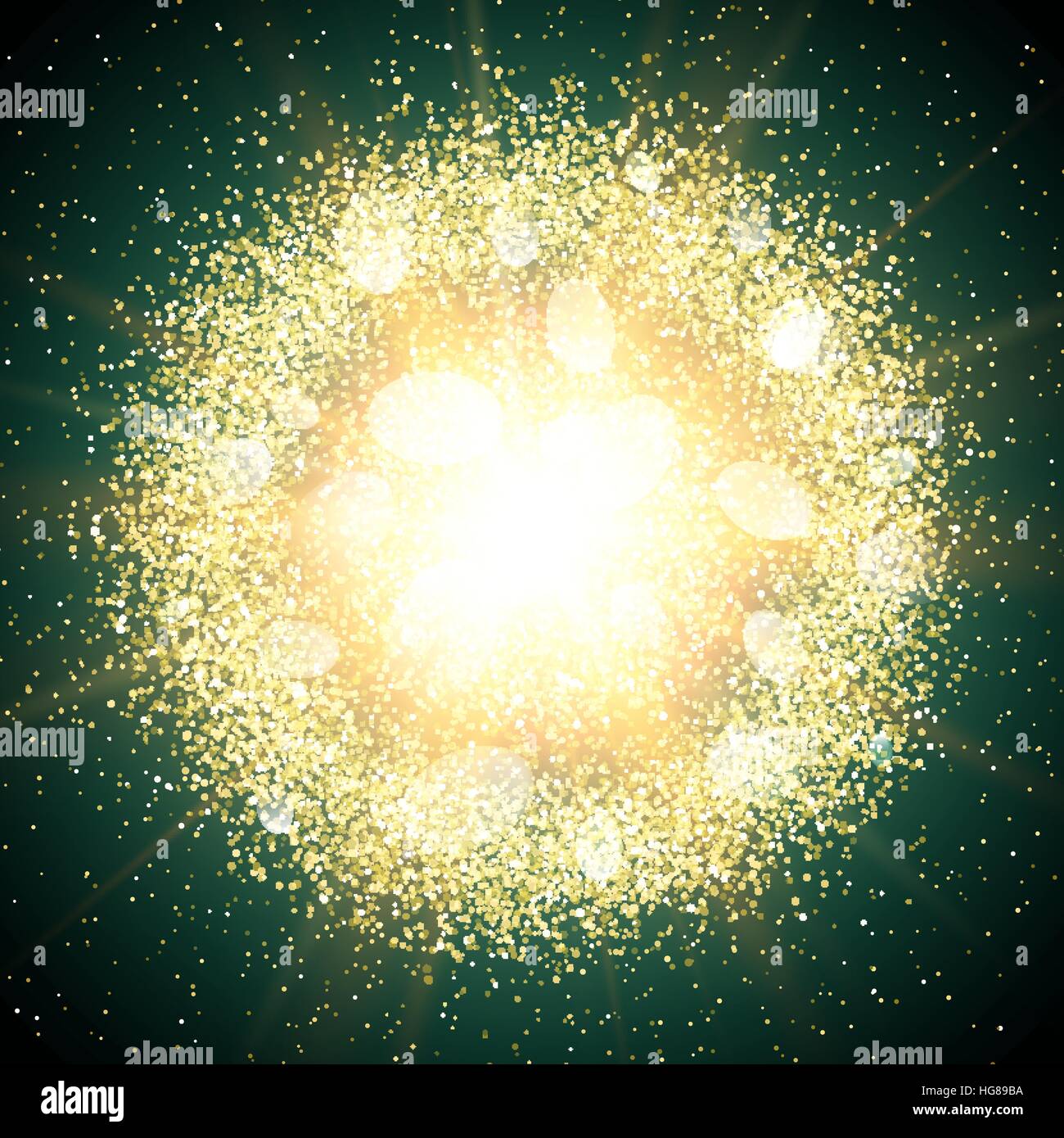 Abstract explosion with golden glittering elements. Burst of glowing star. Dust firework light ...