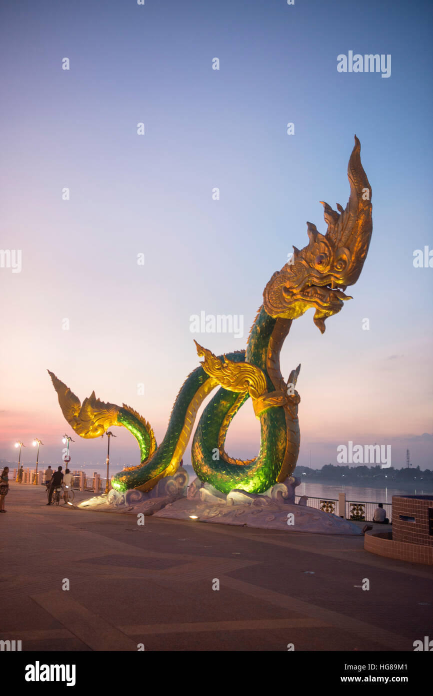 a Phayanak or Naga Statue at the mekong river in the town of Nong Khai ...