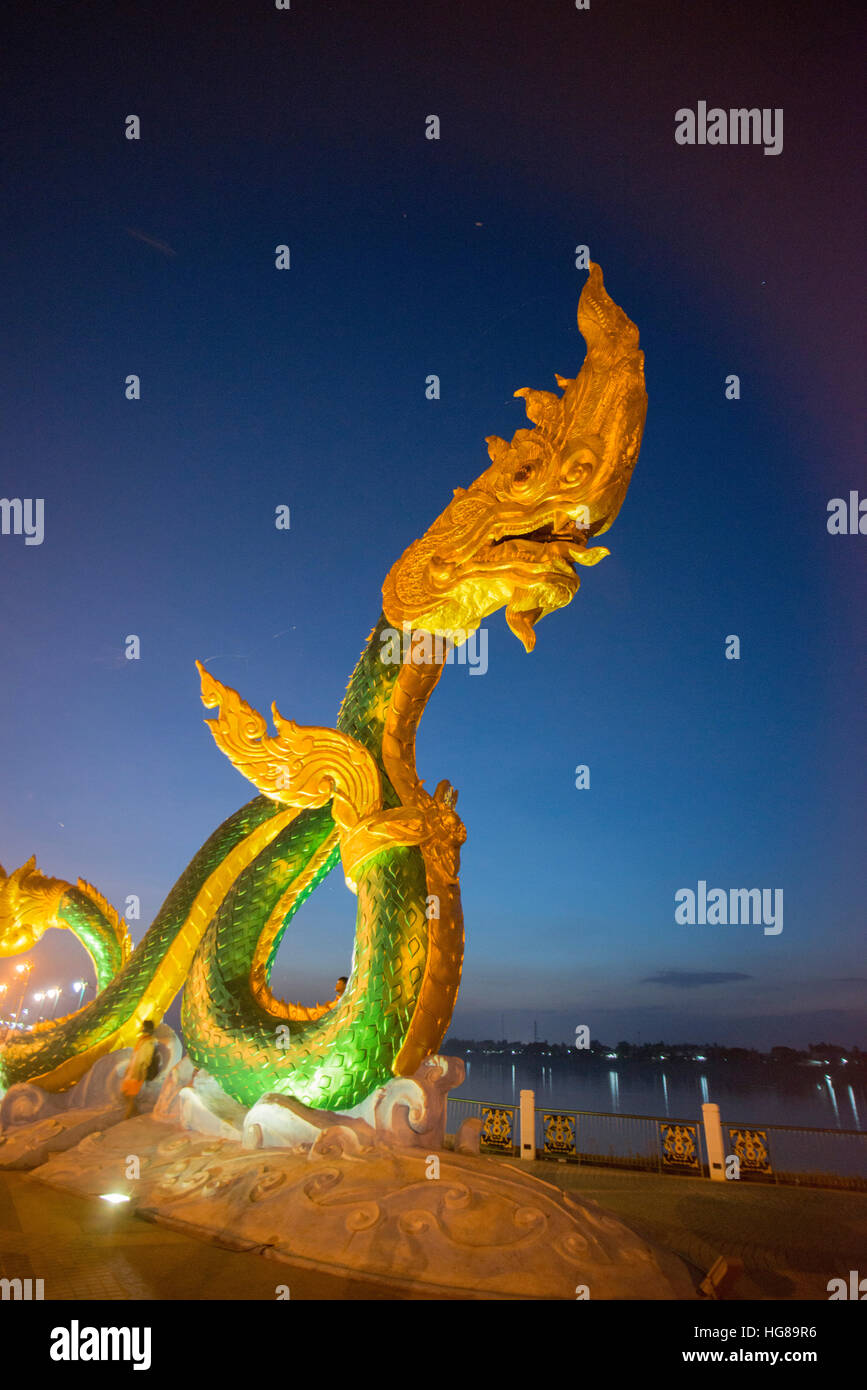 a Phayanak or Naga Statue at the mekong river in the town of Nong Khai ...