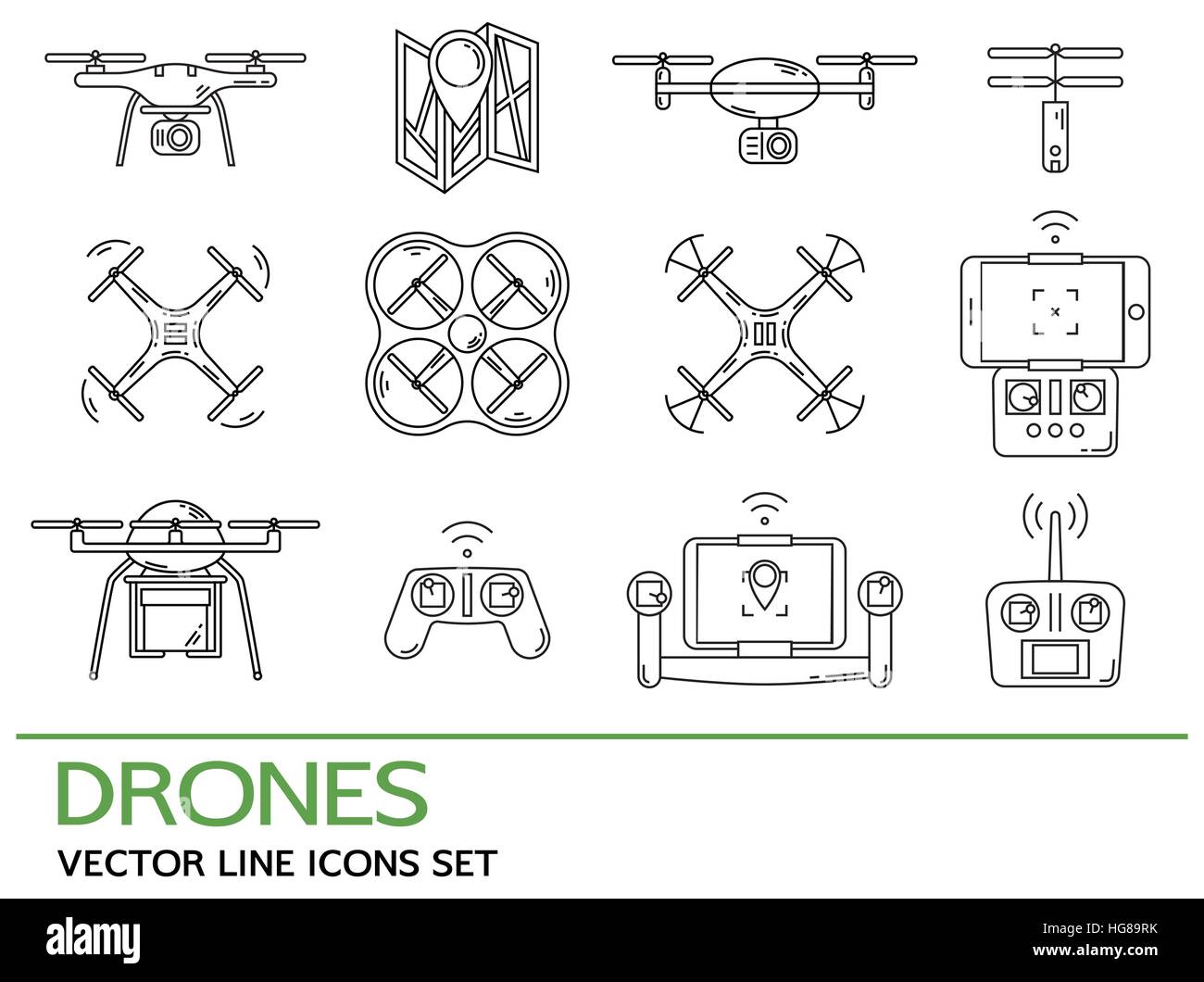 Modern thin line set with drones. Icons collection with quadrocopter ...
