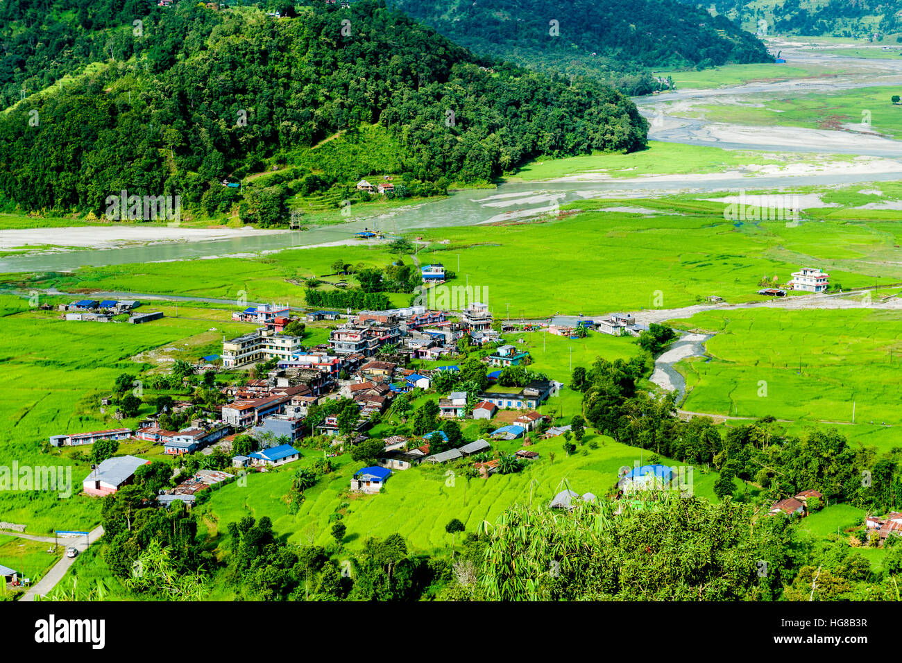 View on the village, agricultural landscape with rice fields and the ...