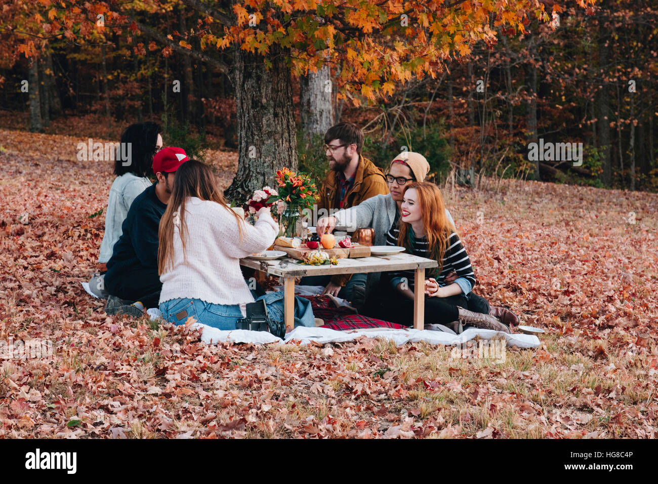 Friends enjoying at table on field Stock Photo - Alamy