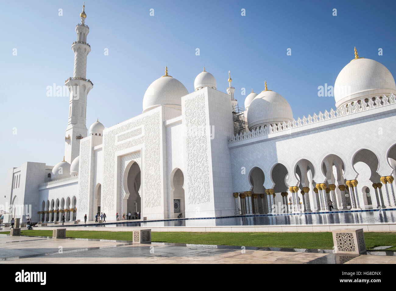 Low angle view of Sheikh Zayed Mosque against clear blue sky on sunny ...