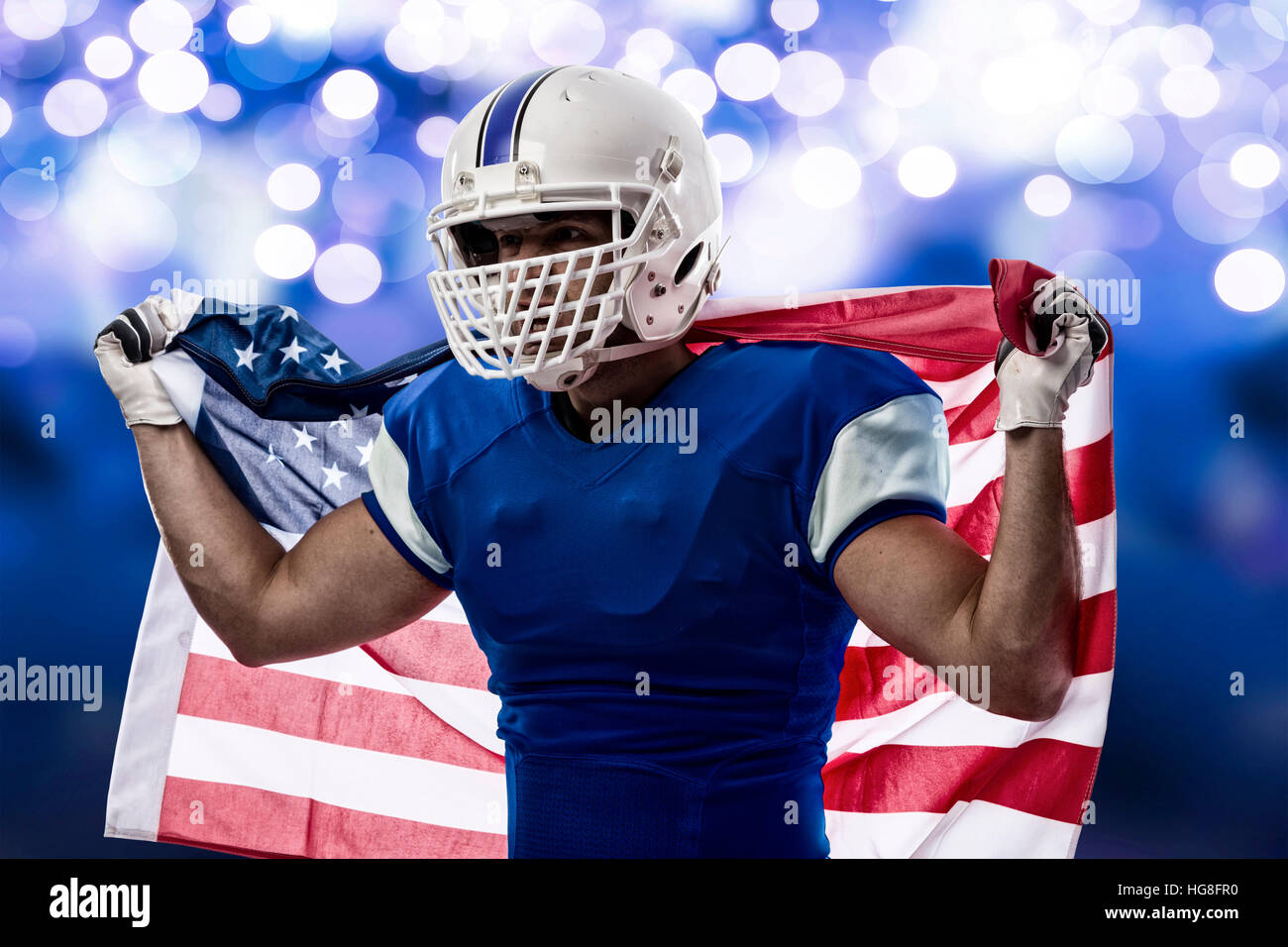 Football Player with a blue uniform and a american flag, on a blue ...
