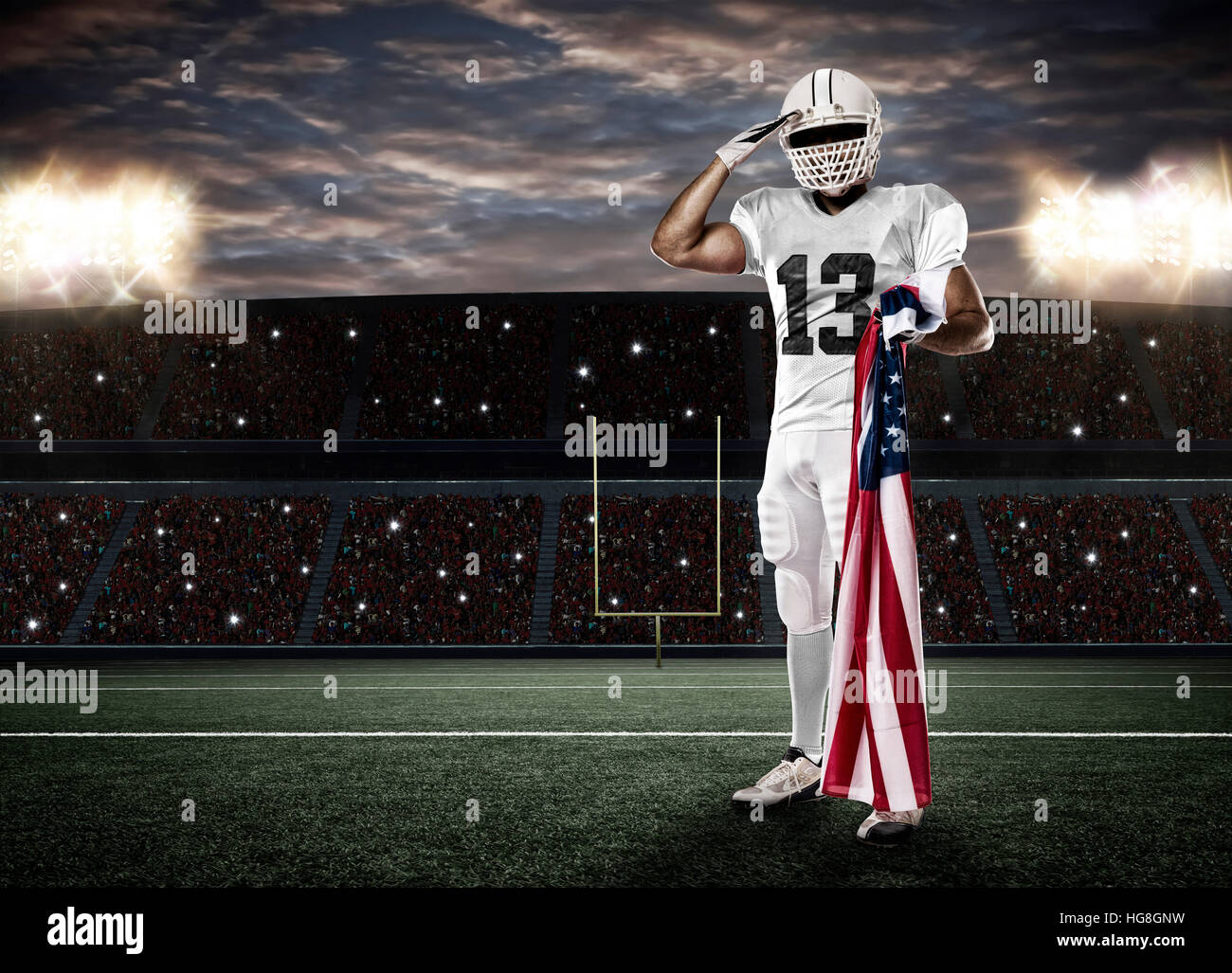 Football Player with a white uniform saluting with a american flag, on ...