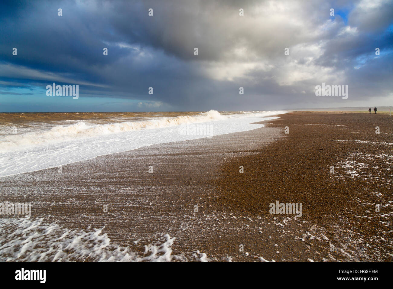 Cley Beach Norfolk at high tide on the shingle sea defence Stock Photo ...