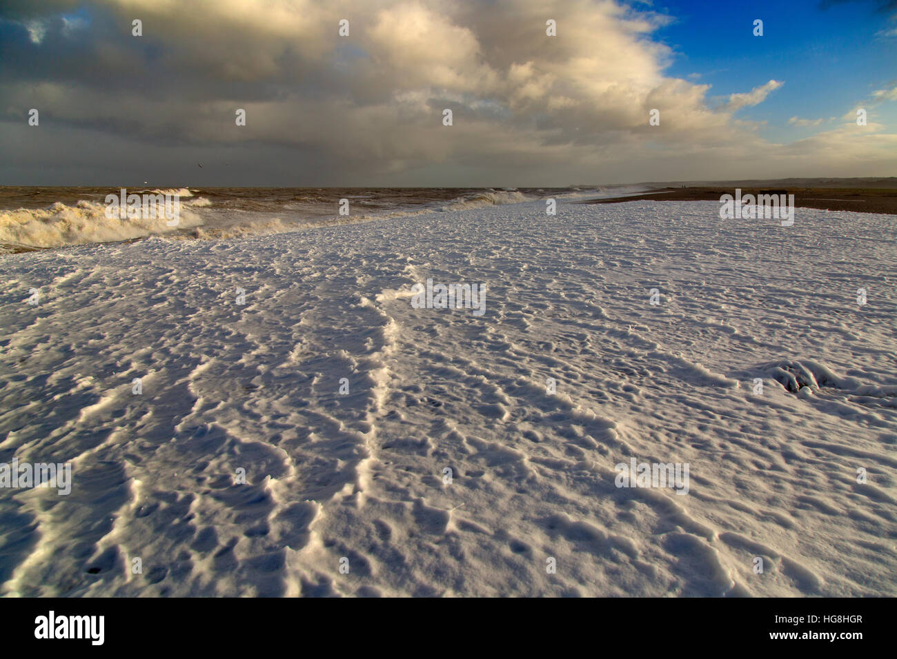 Cley Beach Norfolk at high tide on the shingle sea defence Stock Photo ...