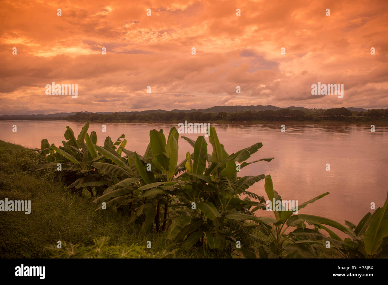 the landscape of the mekong river at the town of Chiang Khan in Isan in ...