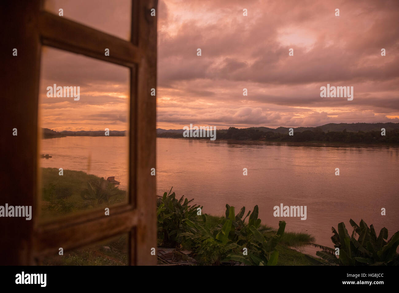the landscape of the mekong river at the town of Chiang Khan in Isan in ...