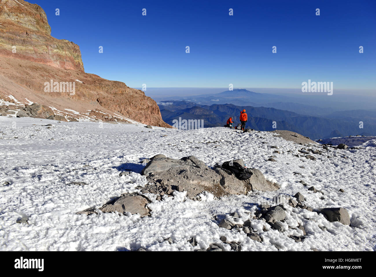 Alpine terrain with rock, snow and ice on Pico de Orizaba volcano, or ...