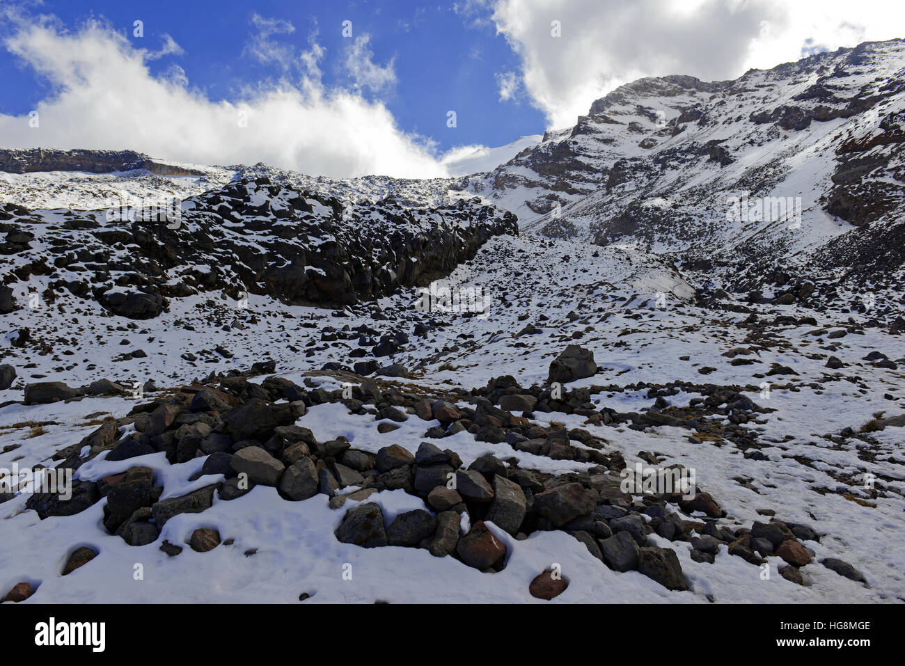 Alpine terrain with rock, snow and ice on Pico de Orizaba volcano, or ...