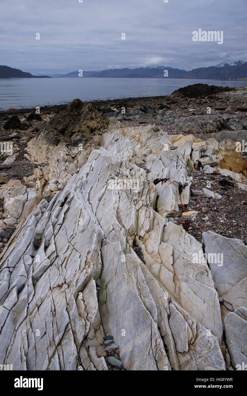 Shale beds on the shoreline at Onich, Loch Linnhe, Lochaber, Scotland ...