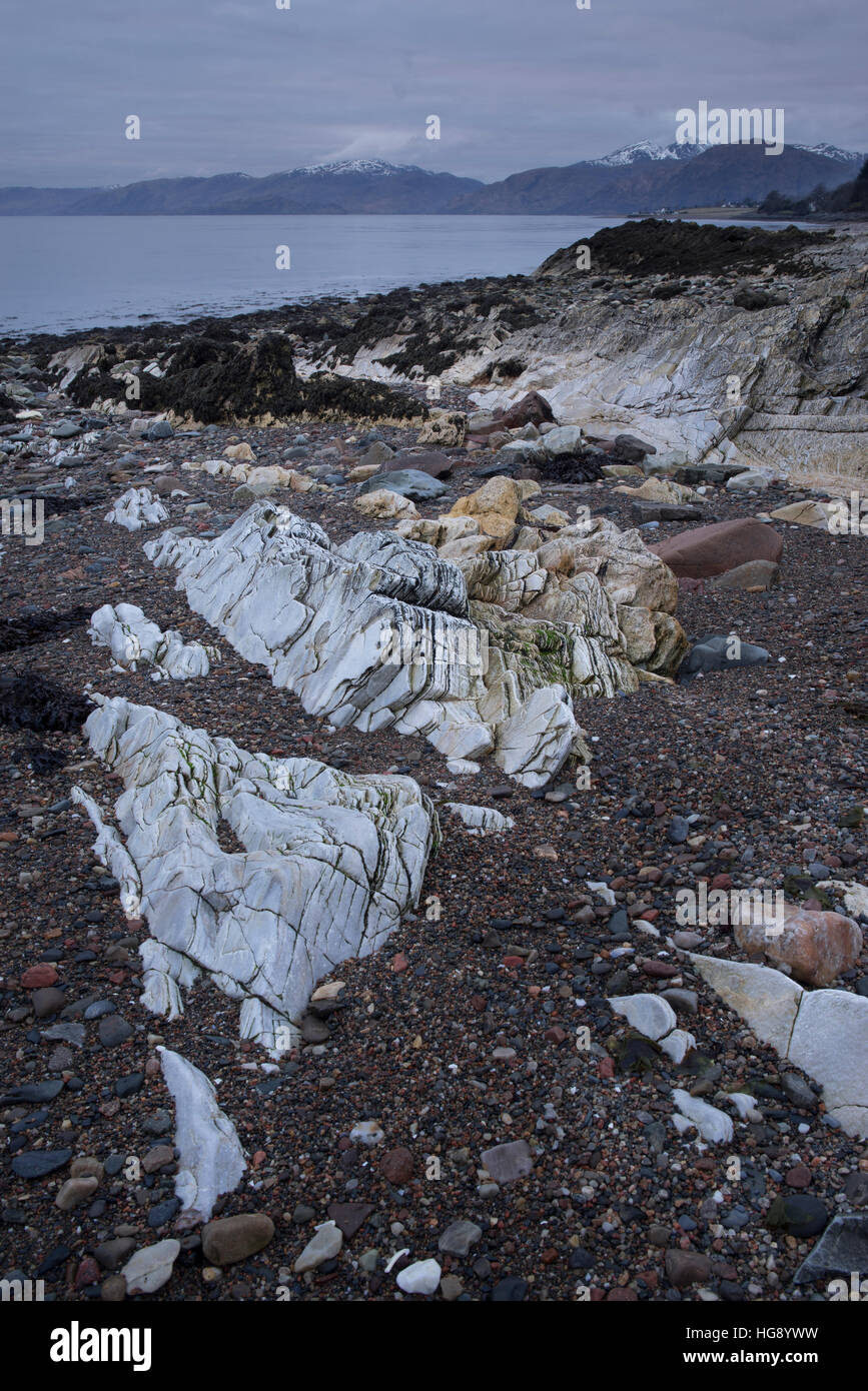Shale beds on the shoreline at Onich, Loch Linnhe, Lochaber, Scotland ...