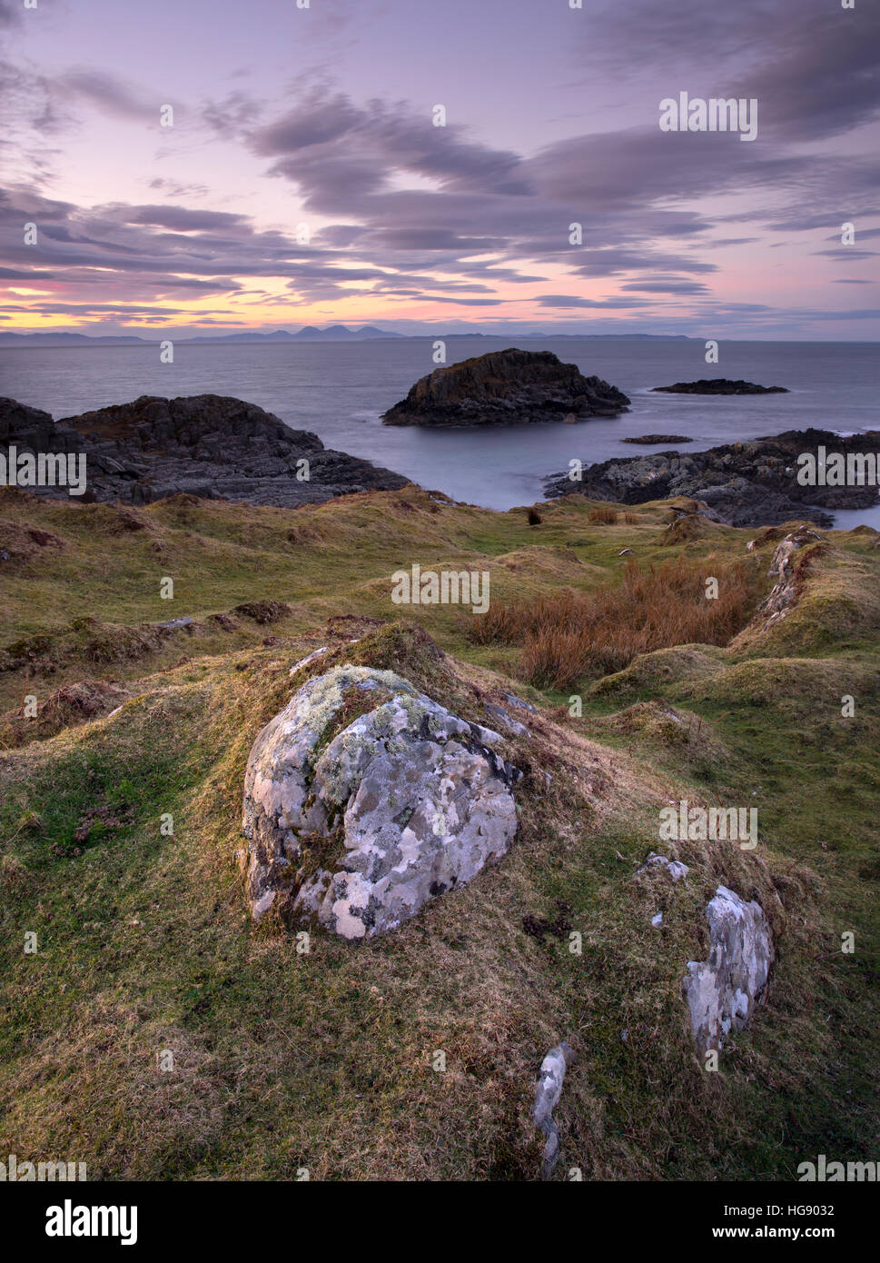 Dawn light looking South to Jura and Colonsay from Uisken, Isle of Mull ...