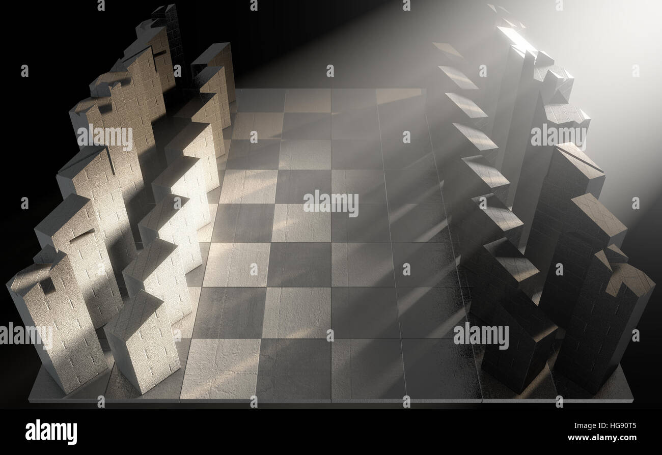 A 3D render of a modern minimalist chess set at the start of a game on ...