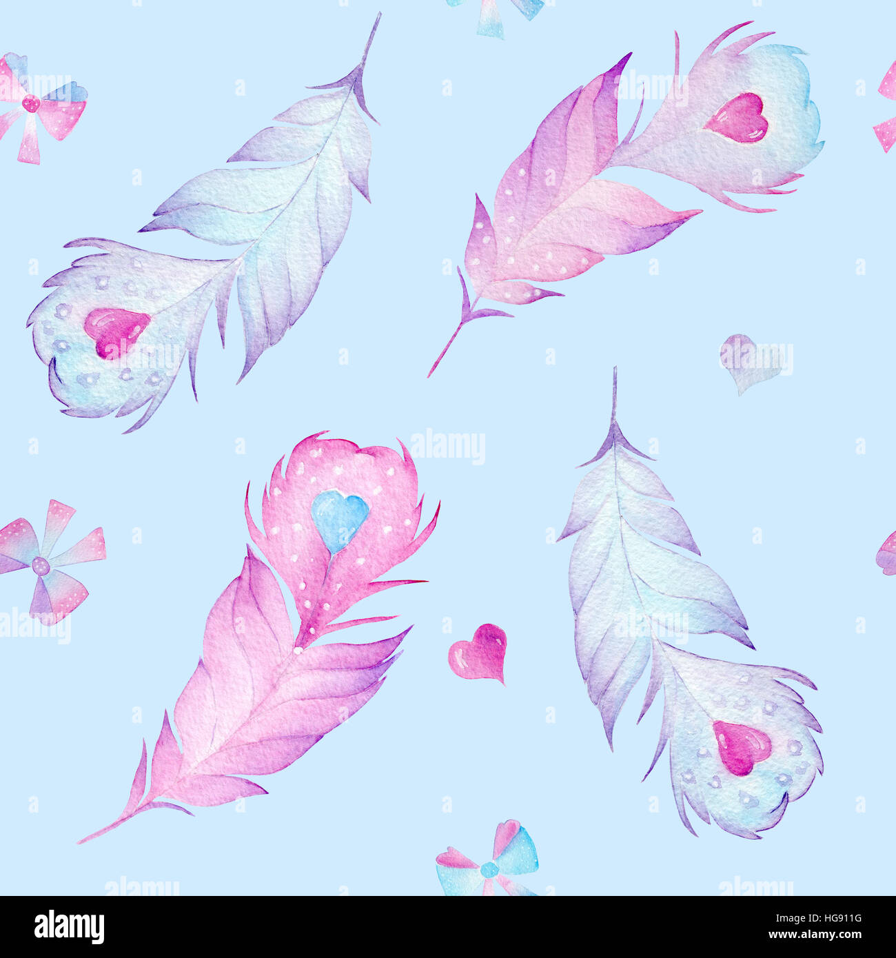 Hand drawn watercolor vintage seamless pattern with feathers, hearts ...