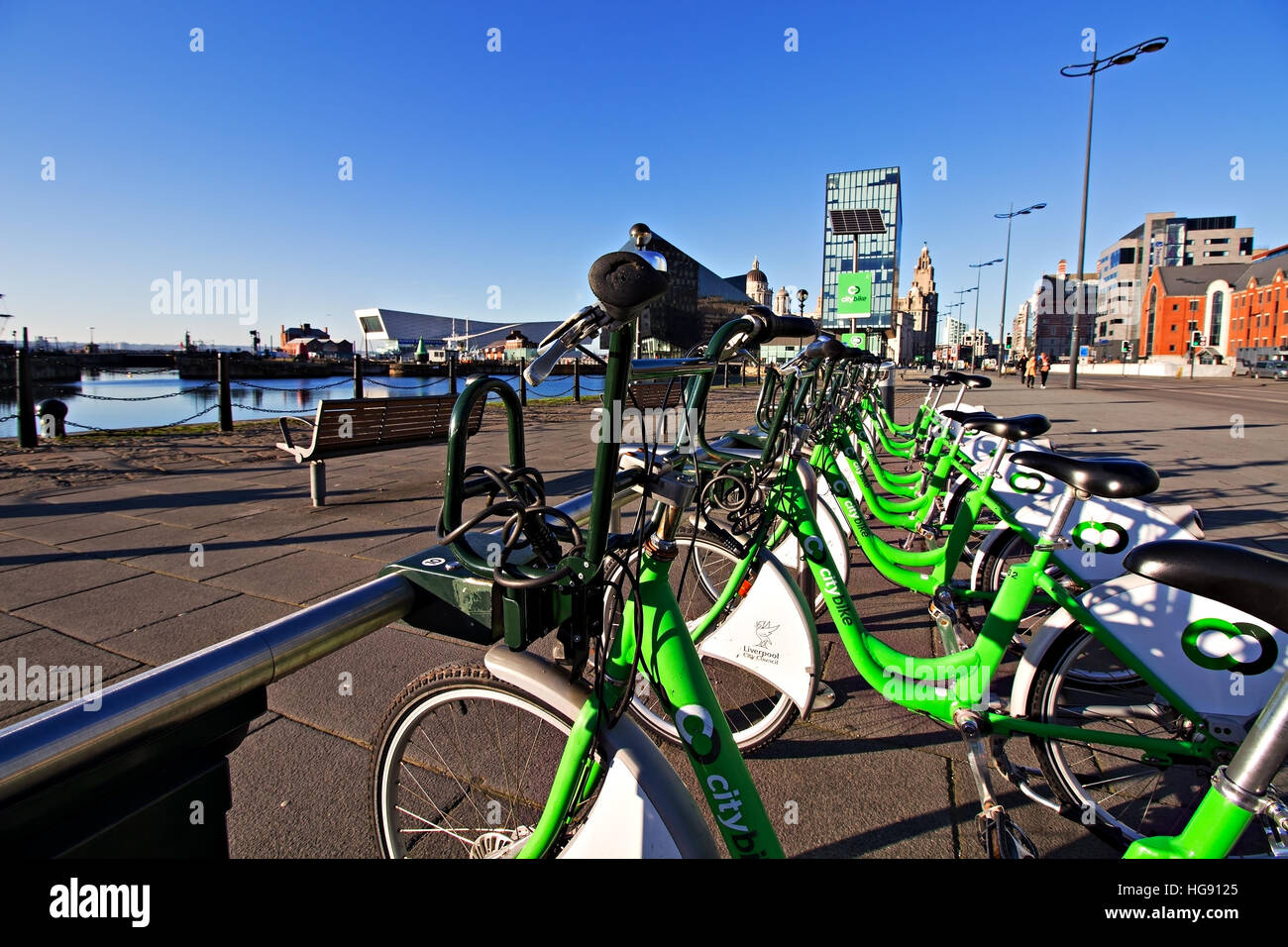 Push bikes for hire on Liverpool waterfront Stock Photo - Alamy