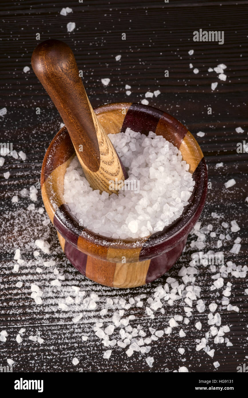 coarse crystalline sea salt in a wooden mortar Stock Photo - Alamy