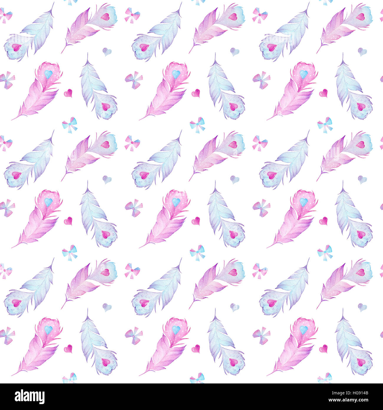 Watercolor birds feathers, hearts and bows seamless pattern texture on ...