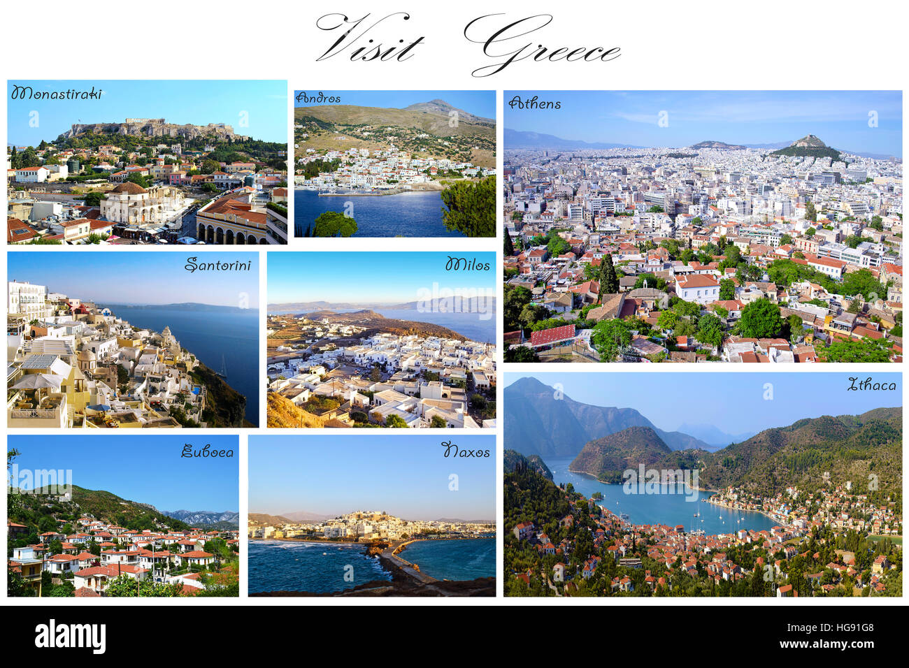 visit Greece collage - greek aerial summer photos Stock Photo - Alamy