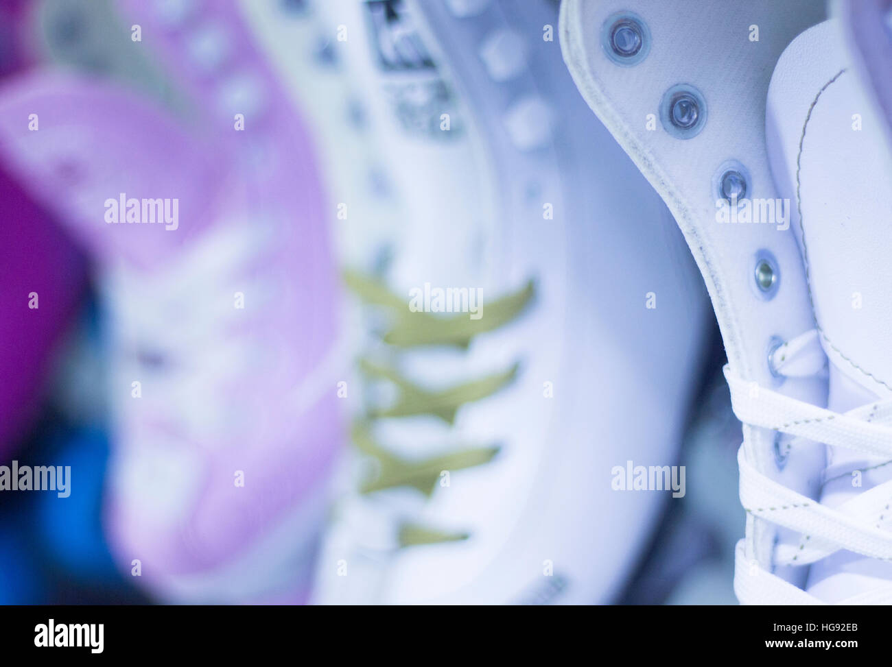 Quad figure skate rollerskates in skate store in shop window display ...