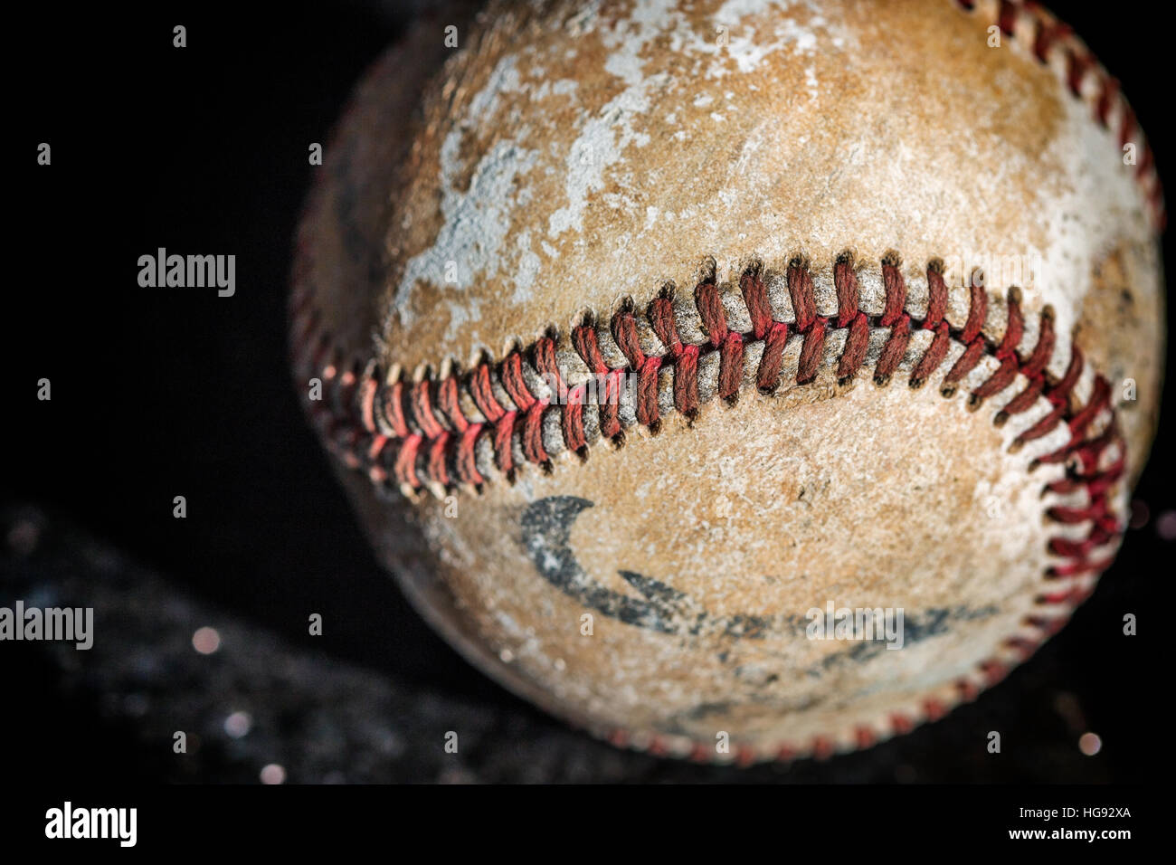 This close-up of an old baseball make the curving lines of the seam ...