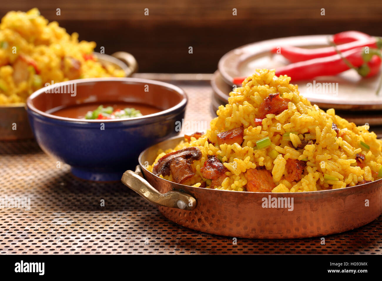 Chicken with basmati rice fried in stainless pan Stock Photo - Alamy
