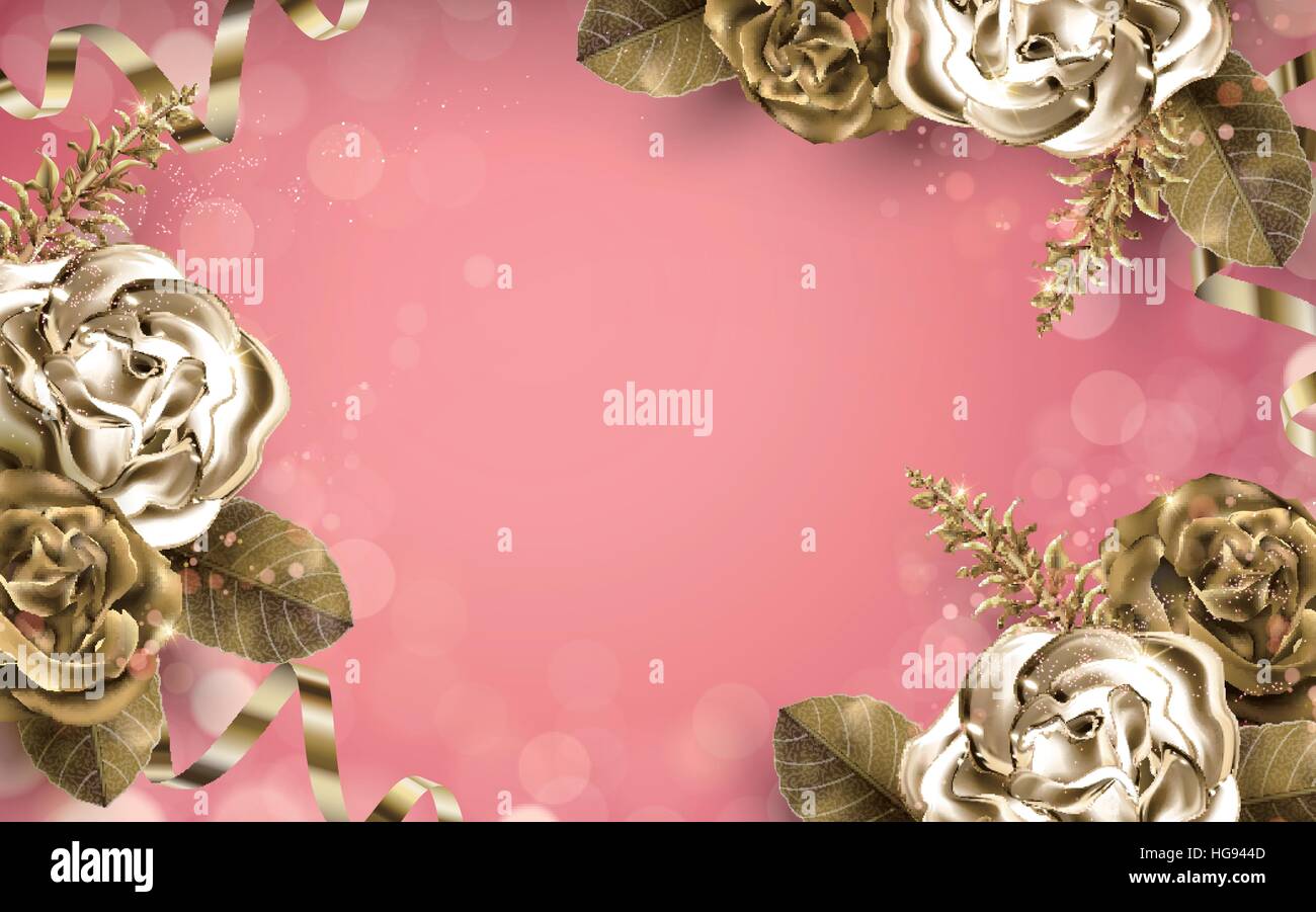 golden rose elements with metallic luster, pink background Stock Vector ...