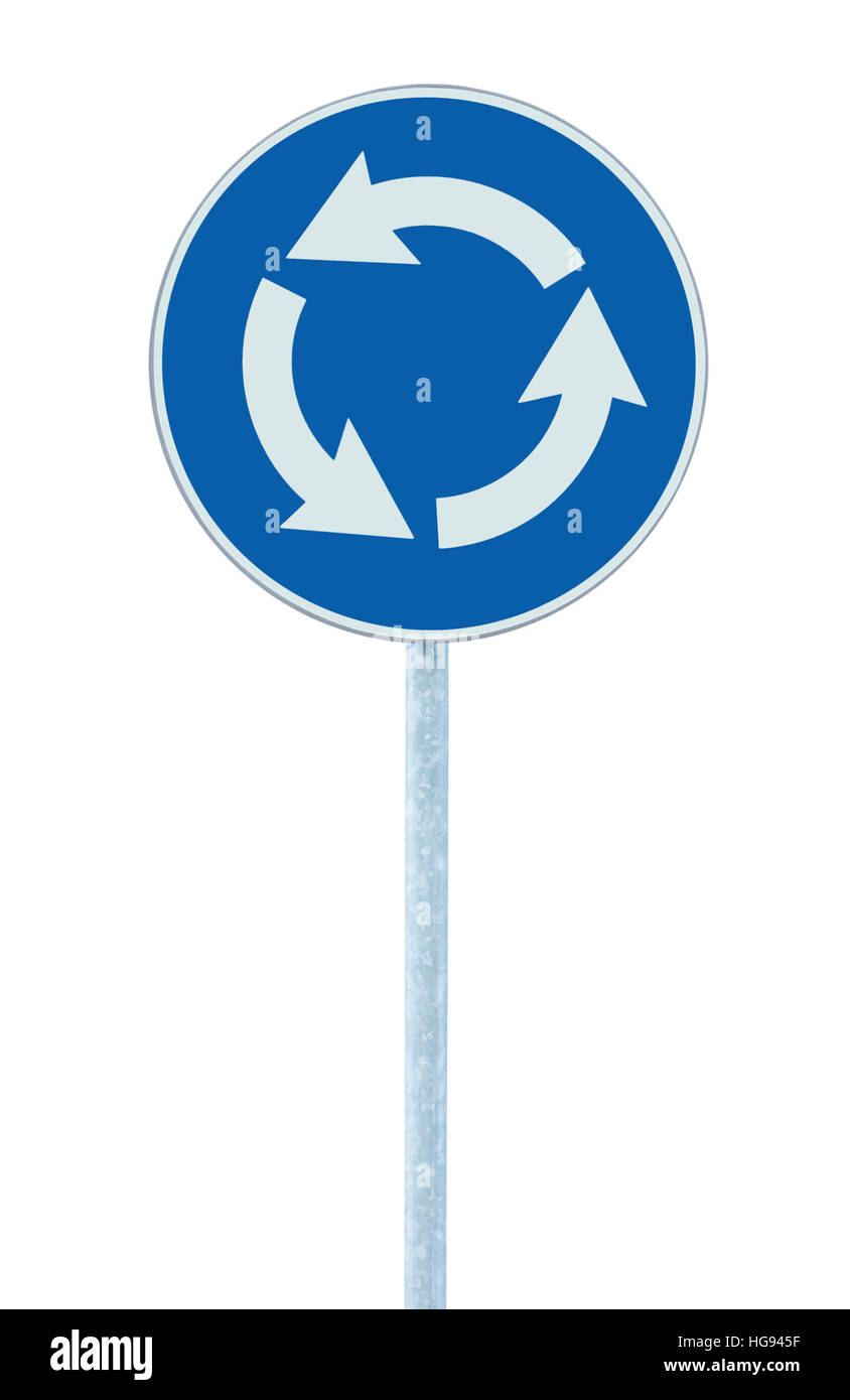 Roundabout crossroad road traffic sign isolated, blue, white arrows ...