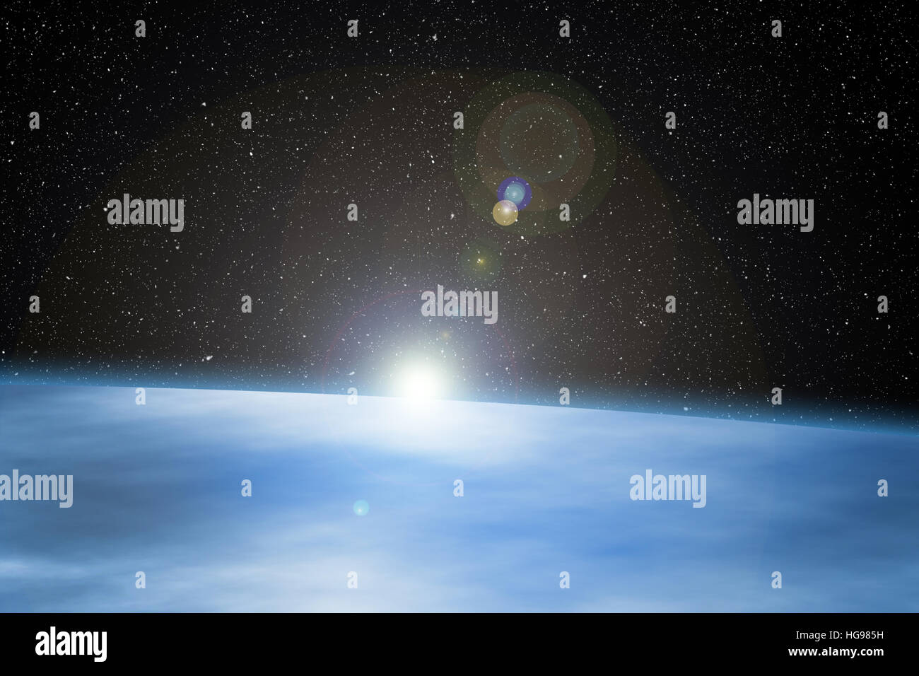Space Scene Background With Sunrise Over Blue Planet with Flares Stock ...