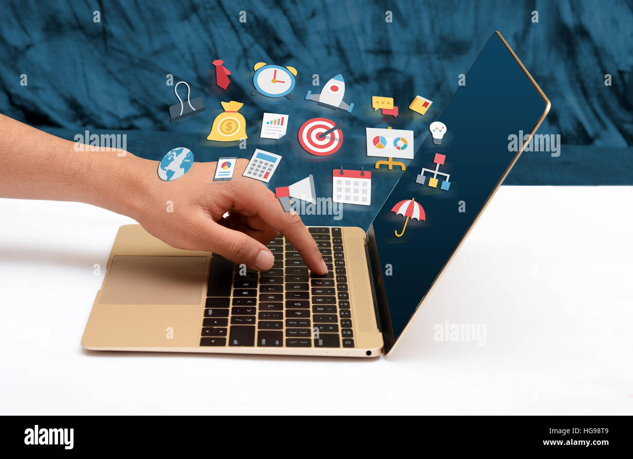 Professional Keyboard with Icons floating from laptop screen Stock ...