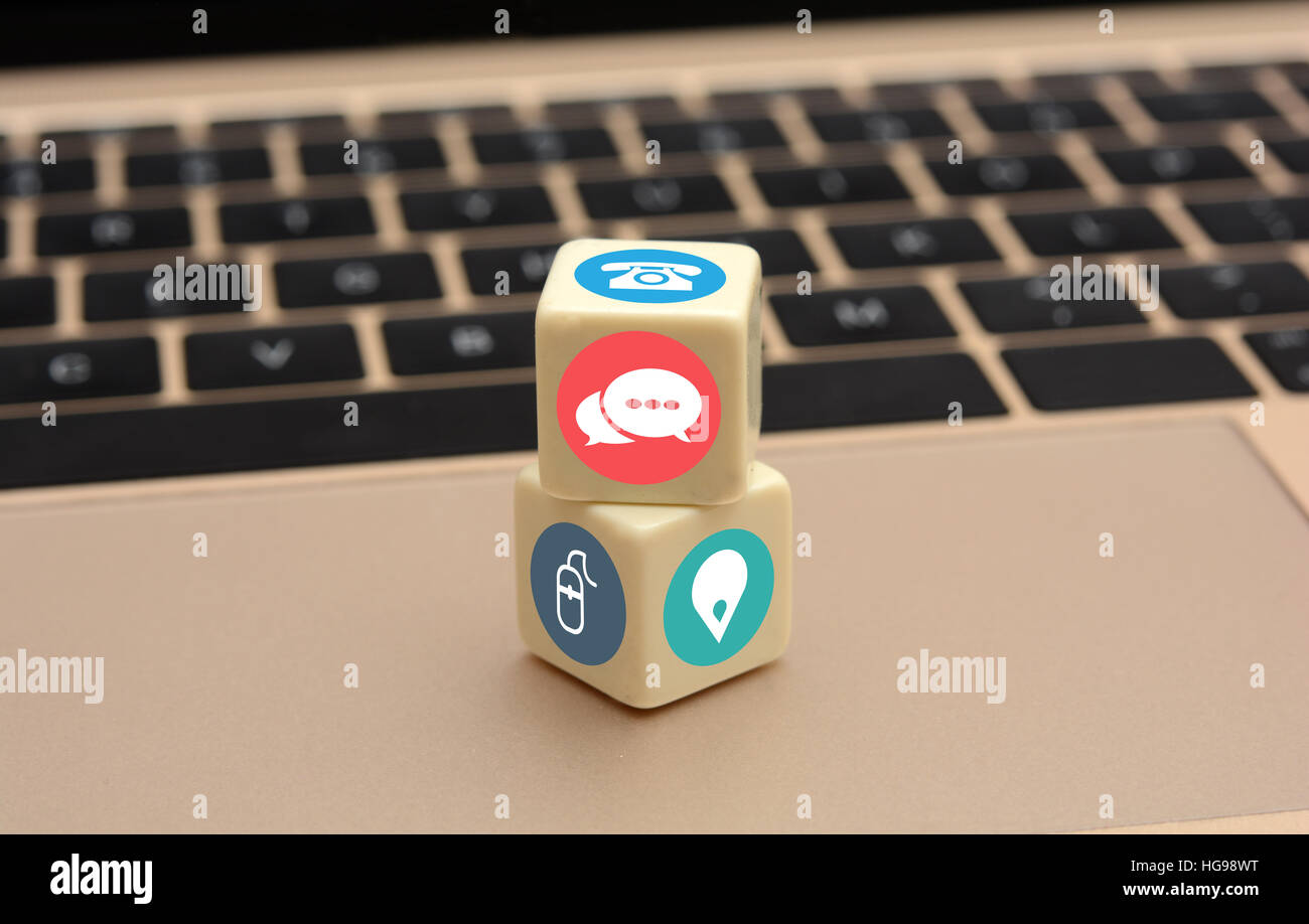 Two Dice Cubes with Communication Icons Contact Us concept Stock Photo ...