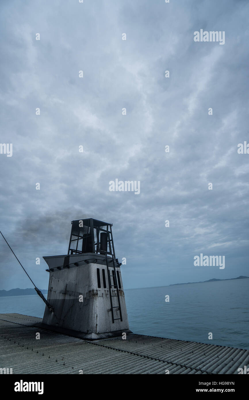 Boat chimney over cloudy sky and sea background Stock Photo - Alamy