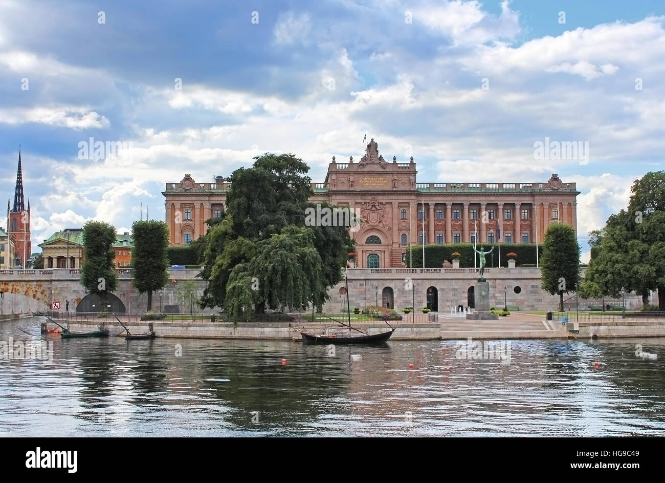 Panorama of Parliament House, Norrbro bridge, spire of Riddarholmen ...